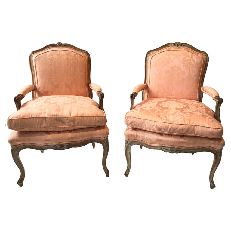 Pair of 1940s French Hand Carved Arm Chairs in Salmon Fabric For Sale ...