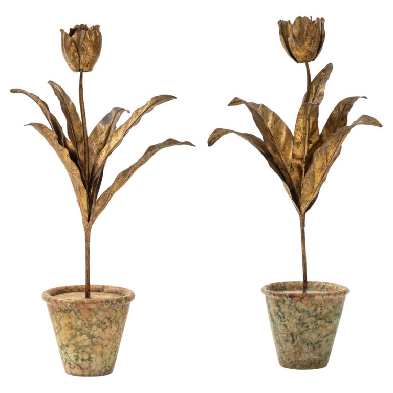Pair of 1940s Gilded Metal Tulips on a Marble Planters For Sale at 1stDibs