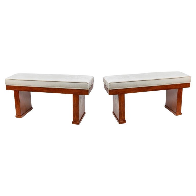 Pair of 1940s Italian Design Wooden Benches Cream White Upholstery Seat ...