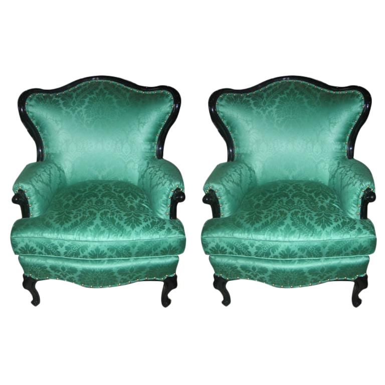 Pair of 1940s Lacquered Armchairs in Green Scalamandre Damask For Sale ...