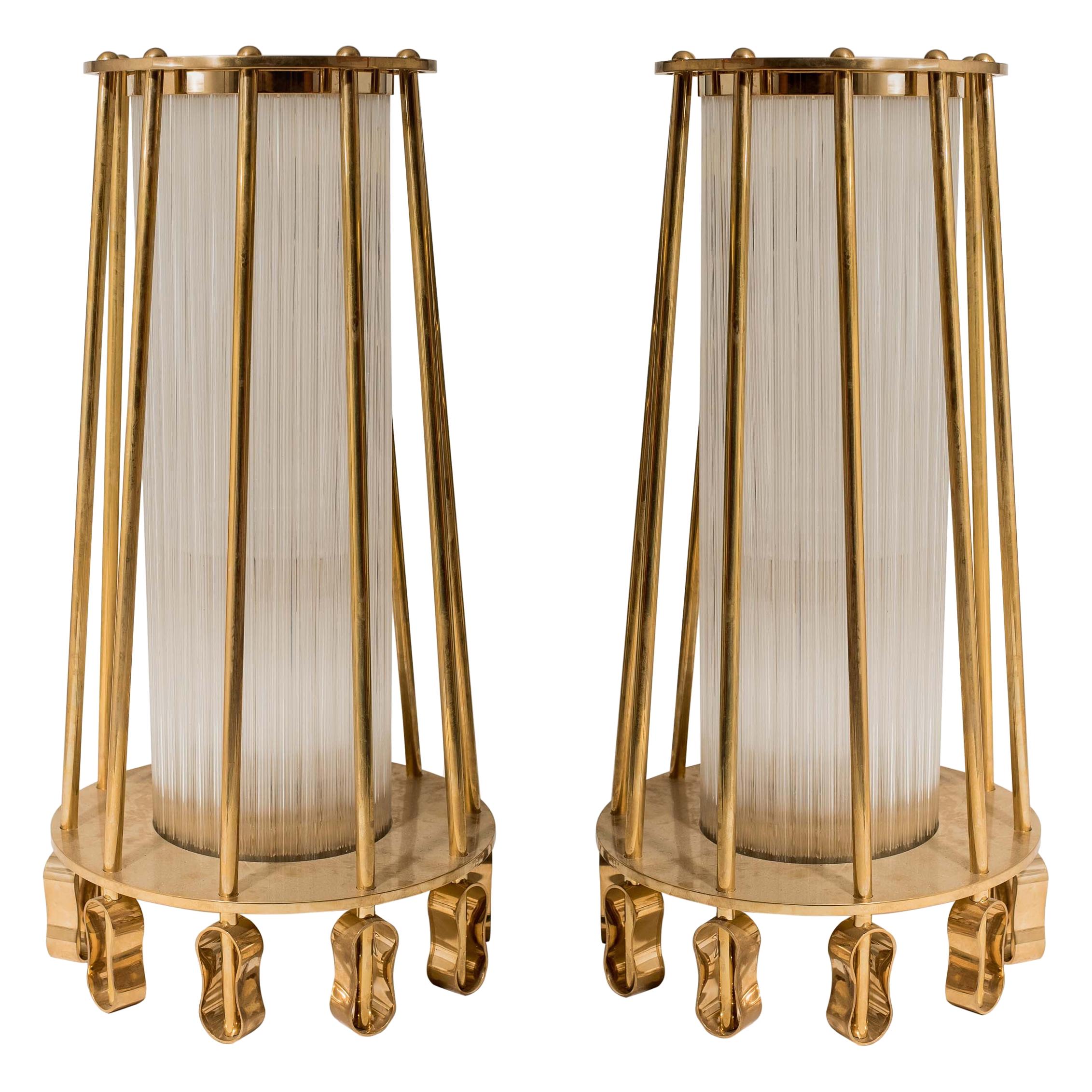 Pair of 1940s Sculptural Column Brass and Clear Glass Floor Lamps ...