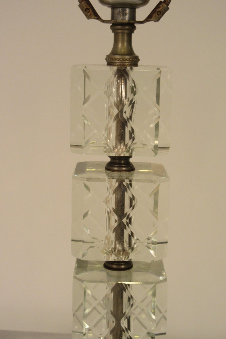 Pair of 1940s Stacked Etched Glass Cube Lamps For Sale at 1stDibs
