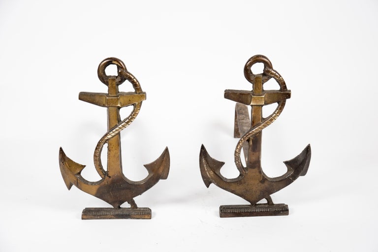 Pair of 1950s Bronze "Anchor" Andirons in the Style of Jacques Adnet ...