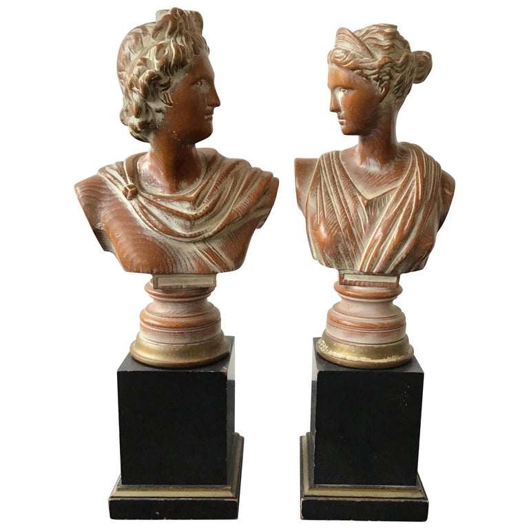 Pair of 1950s Carved Wood Classical Bust Lamps at 1stDibs