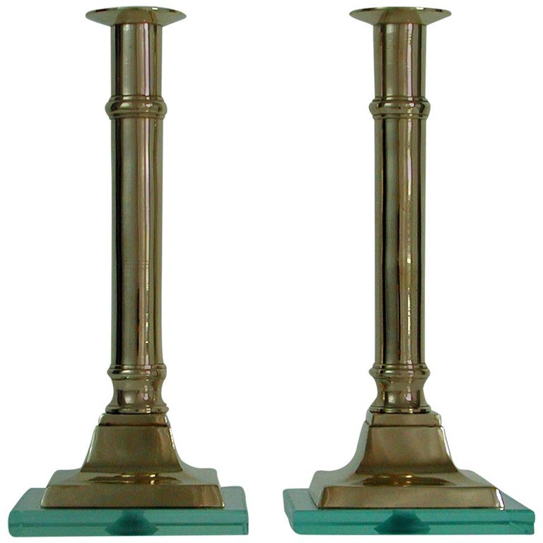 Pair of 1950s Italian Brass and Glass Candlesticks Fontana Arte Style ...