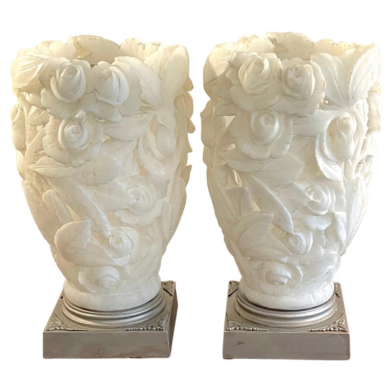 Pair of 1950s Italian Carved Alabaster Rose Motif Torchere Lamps For ...