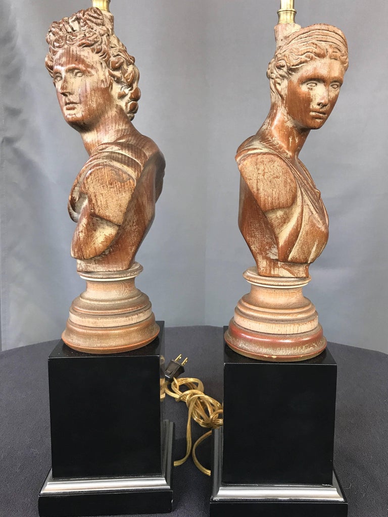 Pair of 1950s Neoclassical Roman Bust Hand-Carved Wood Table Lamps at ...