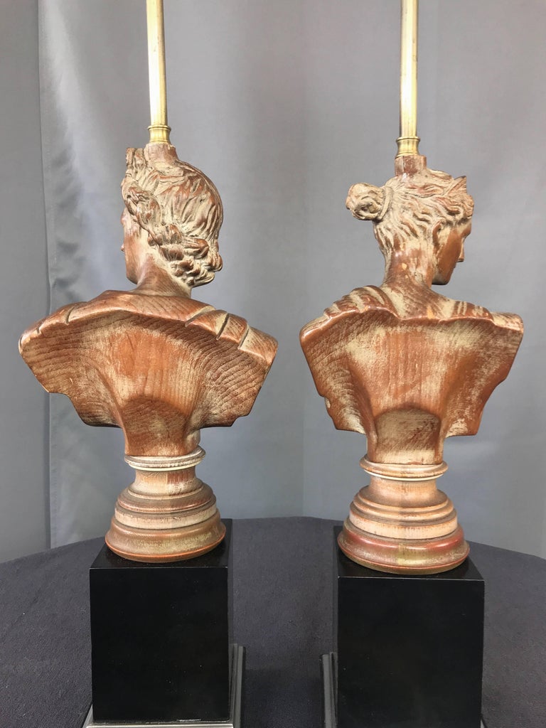Pair of 1950s Neoclassical Roman Bust Hand-Carved Wood Table Lamps at ...