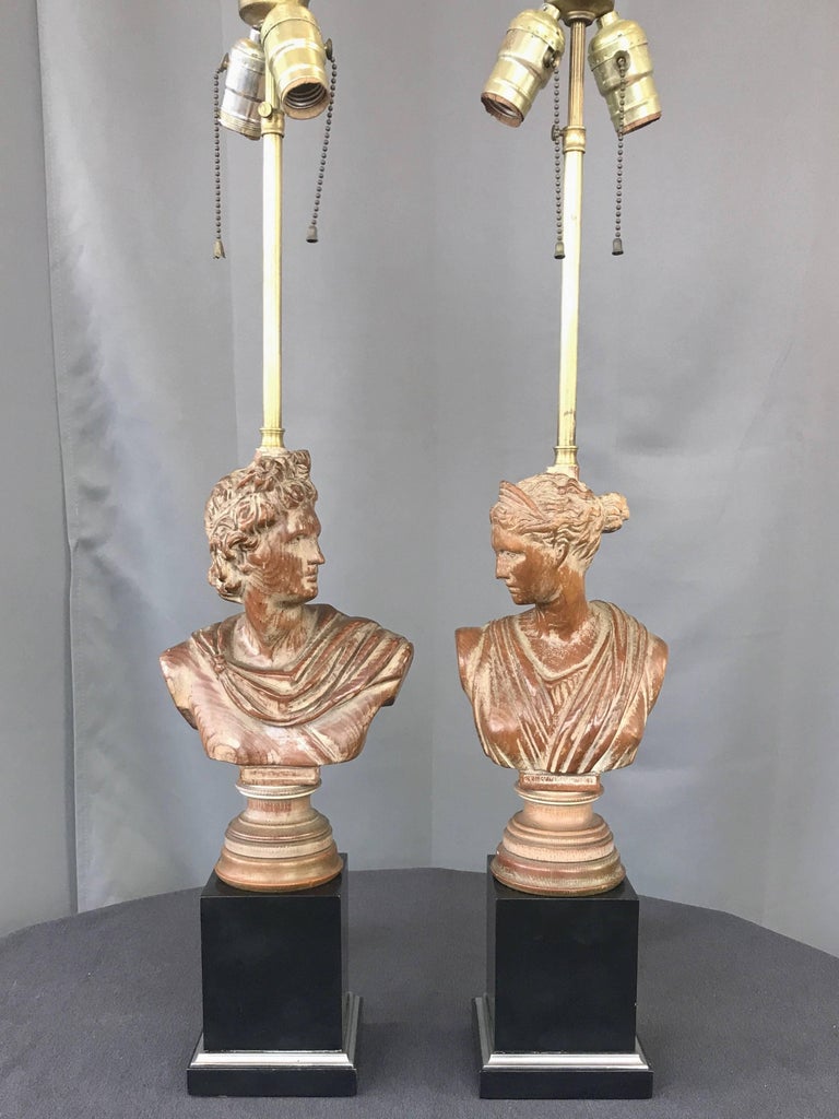 Pair of 1950s Neoclassical Roman Bust Hand-Carved Wood Table Lamps at ...