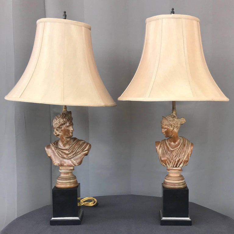 Pair of 1950s Neoclassical Roman Bust Hand-Carved Wood Table Lamps at ...