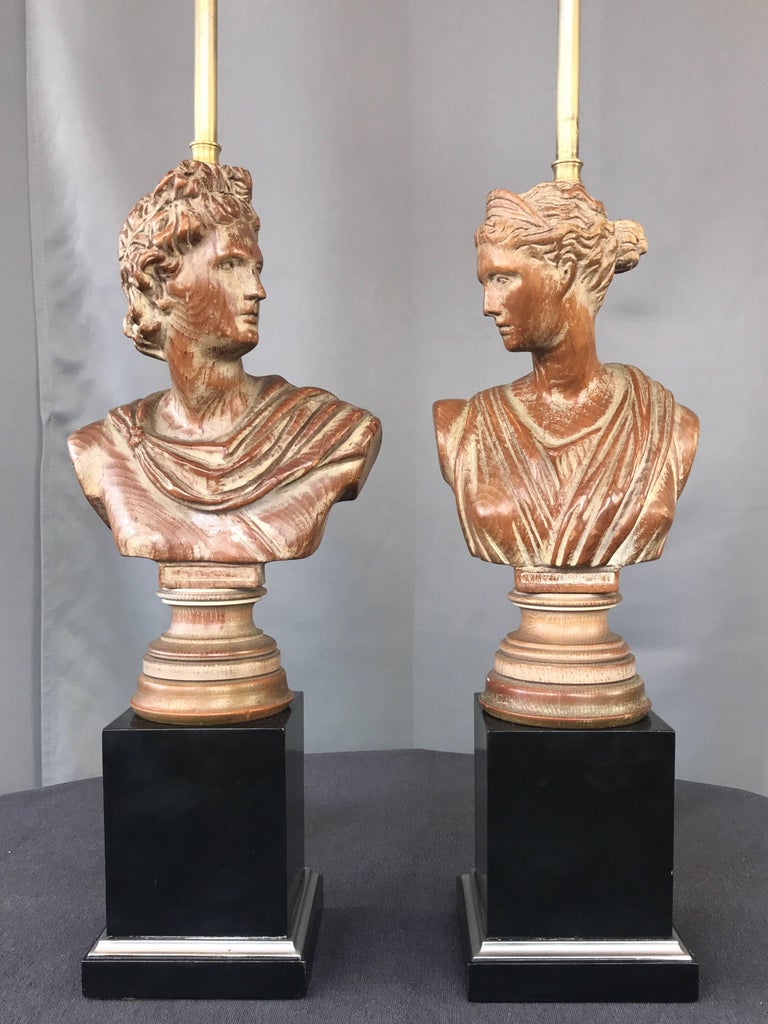 Pair of 1950s Neoclassical Roman Bust Hand-Carved Wood Table Lamps at ...