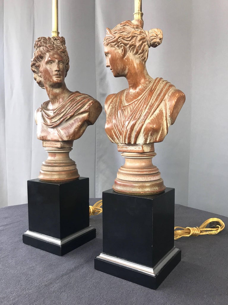 Pair of 1950s Neoclassical Roman Bust Hand-Carved Wood Table Lamps at ...