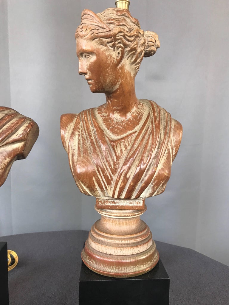 Pair of 1950s Neoclassical Roman Bust Hand-Carved Wood Table Lamps at ...