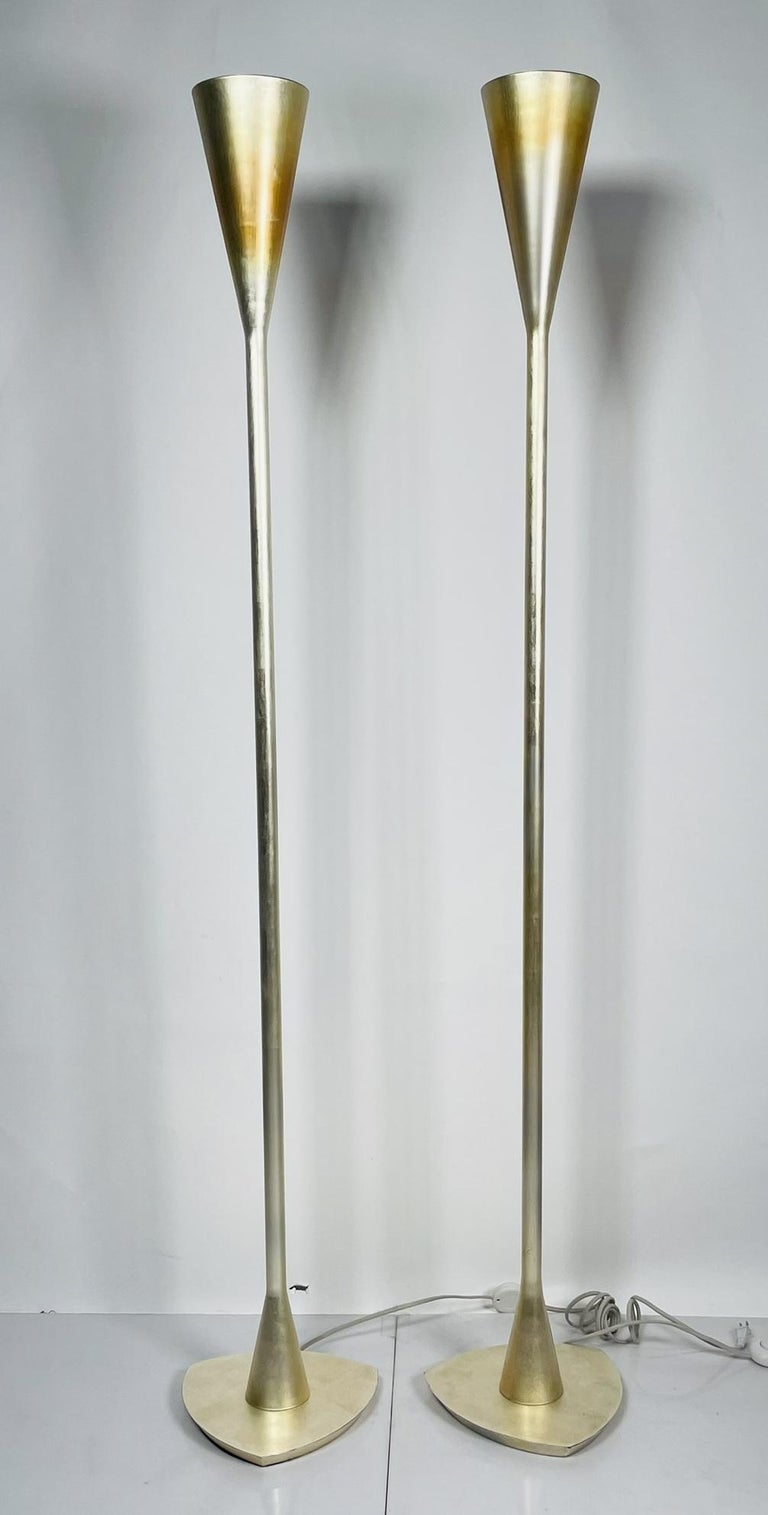 Pair of 1950s Style Torchiere Lamps with Silver Leaf For Sale at 1stDibs