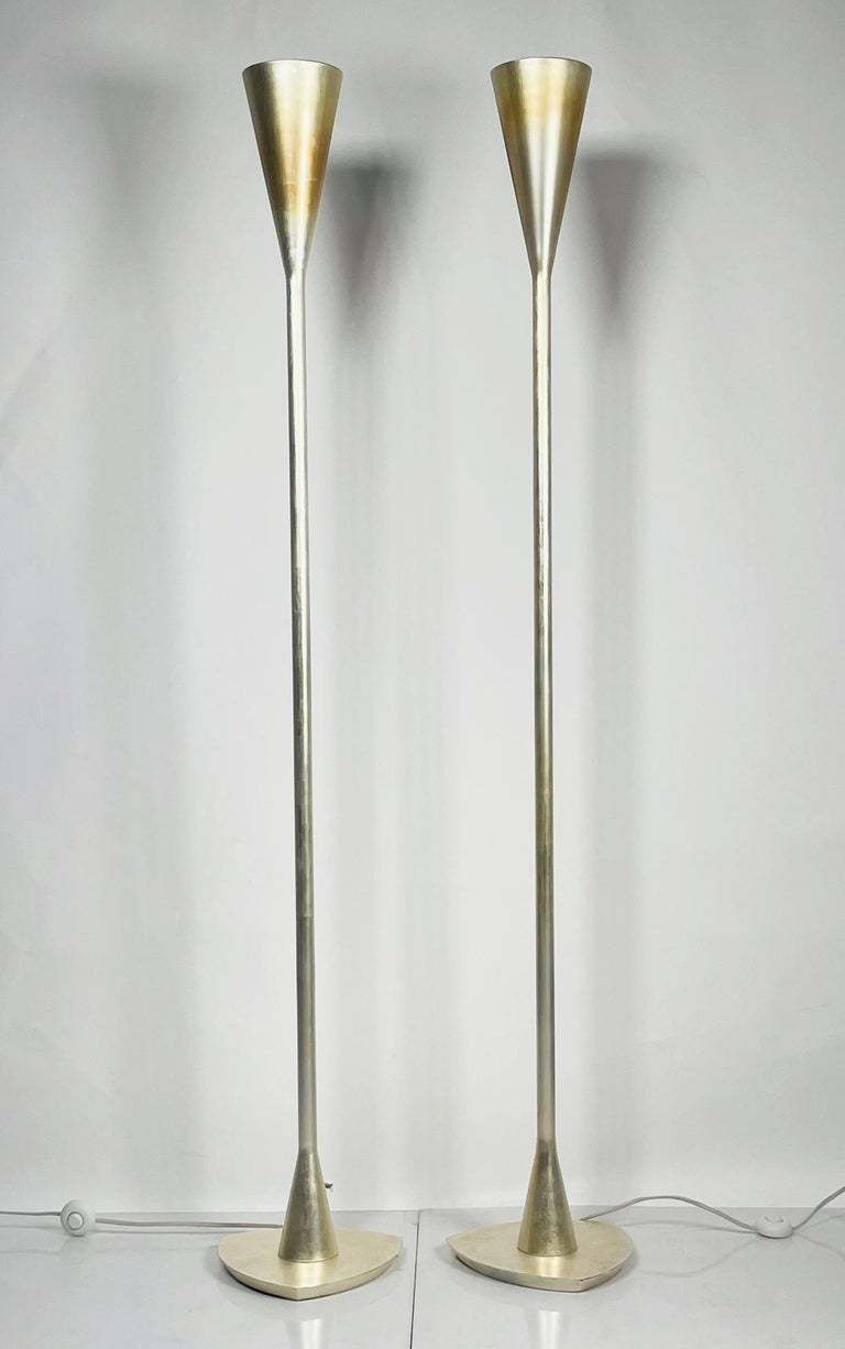 Pair of 1950s Style Torchiere Lamps with Silver Leaf For Sale at 1stDibs
