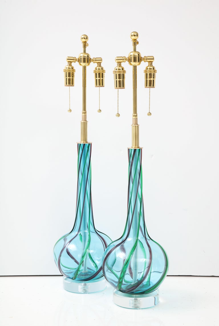 Pair of 1960's Blue Murano Glass Lamps For Sale at 1stDibs