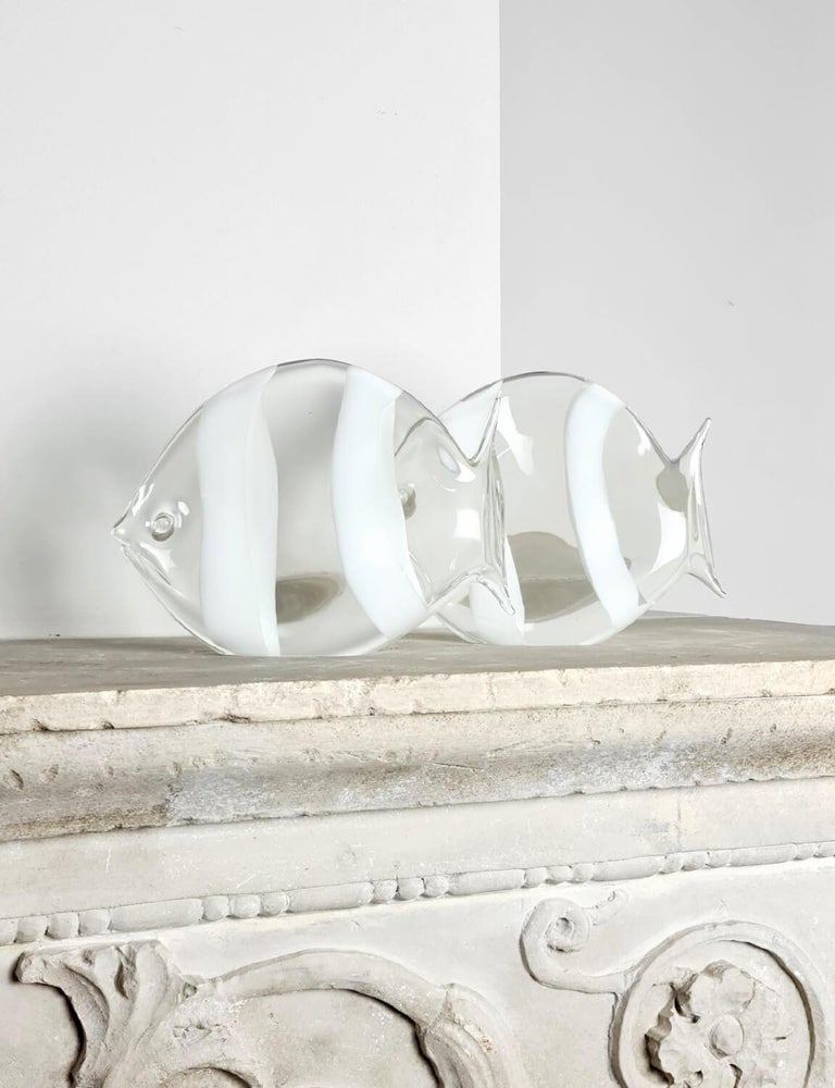 Pair of 1960s Hand-Blown Murano Glass Transparent Fish by Archimede ...