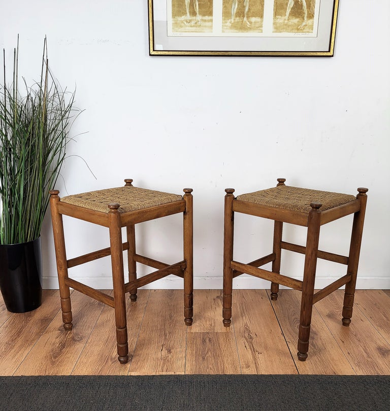 Pair of 1960s Italian Midcentury Carved Wood and Cord Woven Rope Stools ...