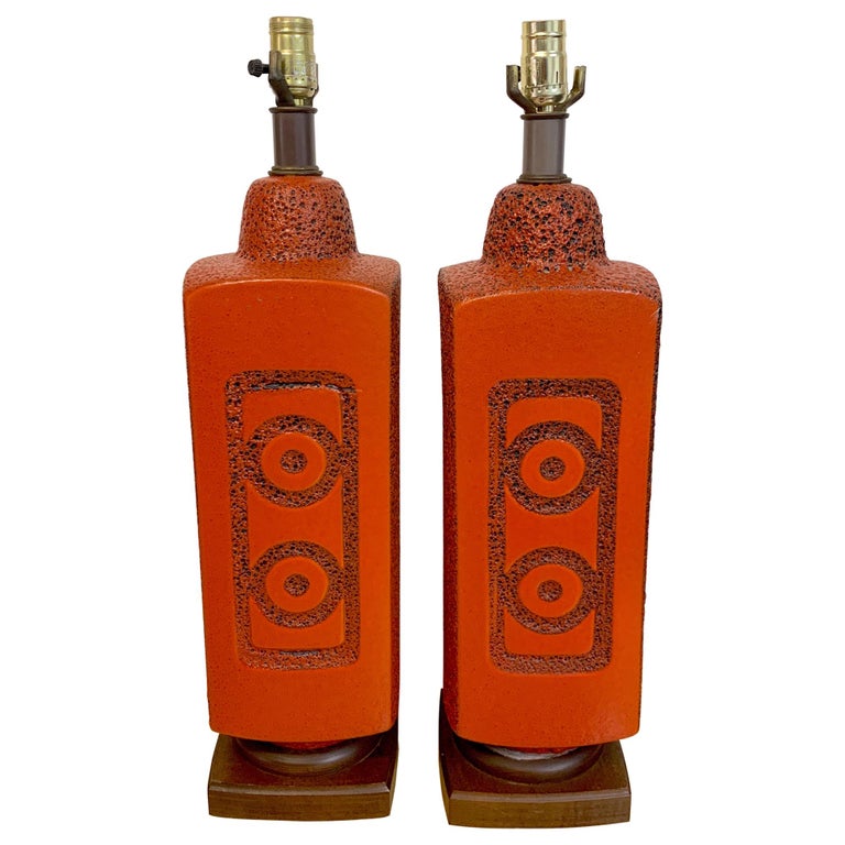 Pair of 1960s Mod Lava Glazed Orange Lamps For Sale at 1stDibs