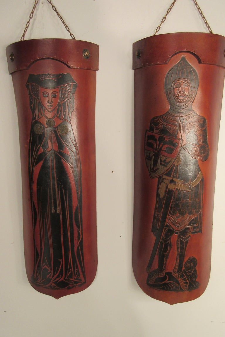 Pair of 1960s Tooled Leather Mid Evil Curved Wall Plaques For Sale at ...