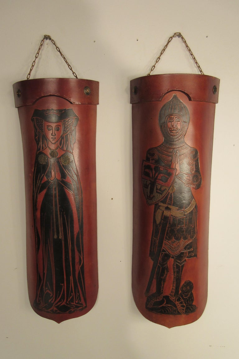 Pair of 1960s Tooled Leather Mid Evil Curved Wall Plaques For Sale at ...