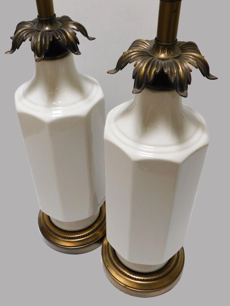 Pair of 1960's White-Glazed Octagonal Lamps with Bronze Foliate ...