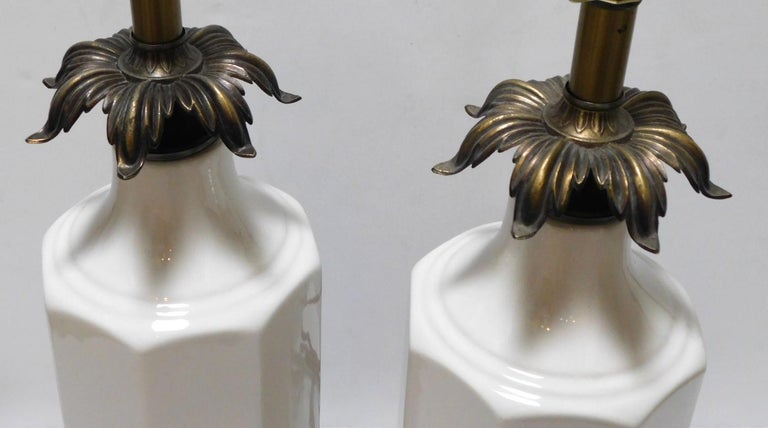 Pair of 1960's White-Glazed Octagonal Lamps with Bronze Foliate ...