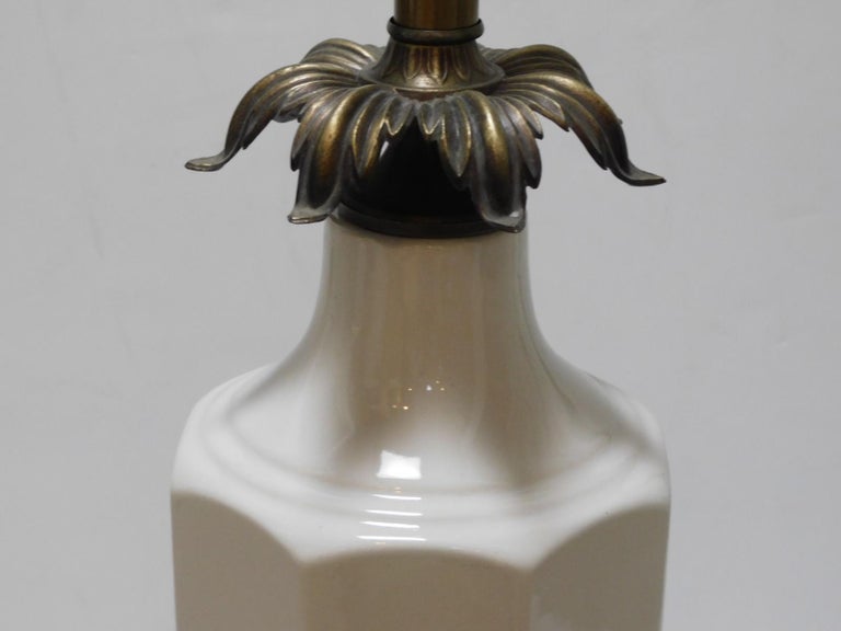 Pair of 1960's White-Glazed Octagonal Lamps with Bronze Foliate ...