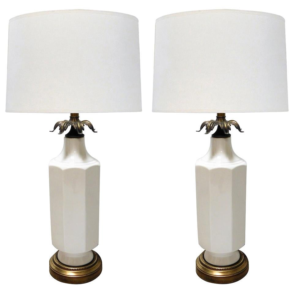 Pair of 1960's White-Glazed Octagonal Lamps with Bronze Foliate ...