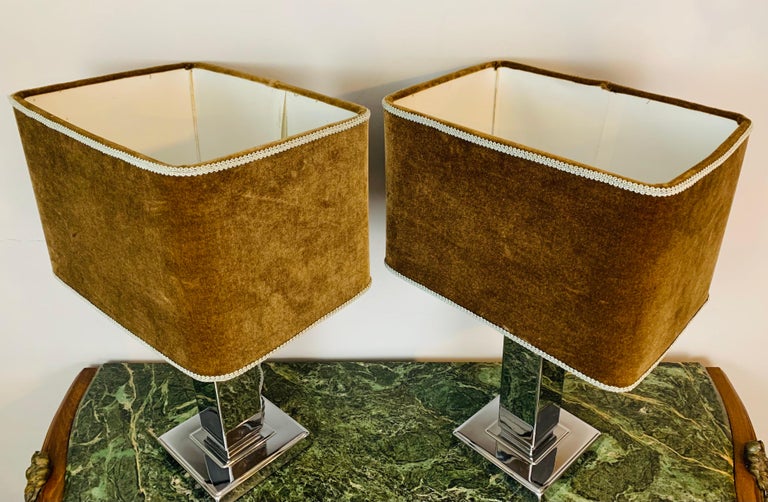 Pair of 1970s Belgium Square Chrome Table Lamps Inc Original Velvet ...