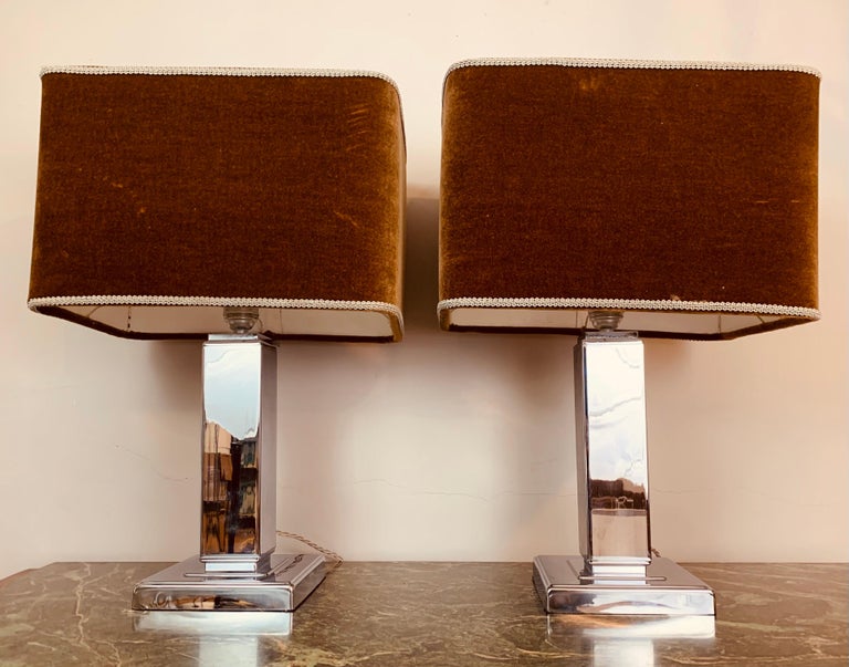 Pair of 1970s Belgium Square Chrome Table Lamps Inc Original Velvet ...
