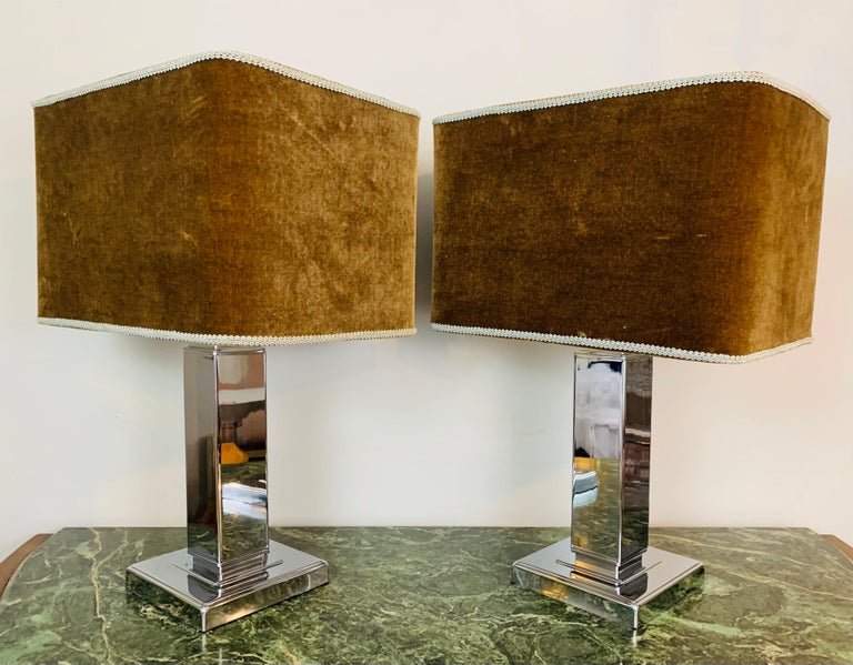 Pair of 1970s Belgium Square Chrome Table Lamps Inc Original Velvet ...