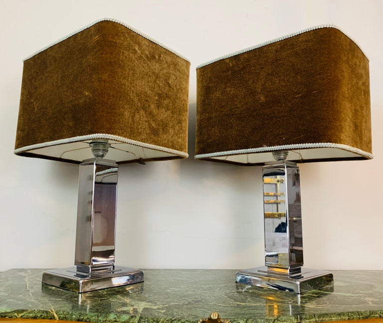 Pair of 1970s Belgium Square Chrome Table Lamps Inc Original Velvet ...