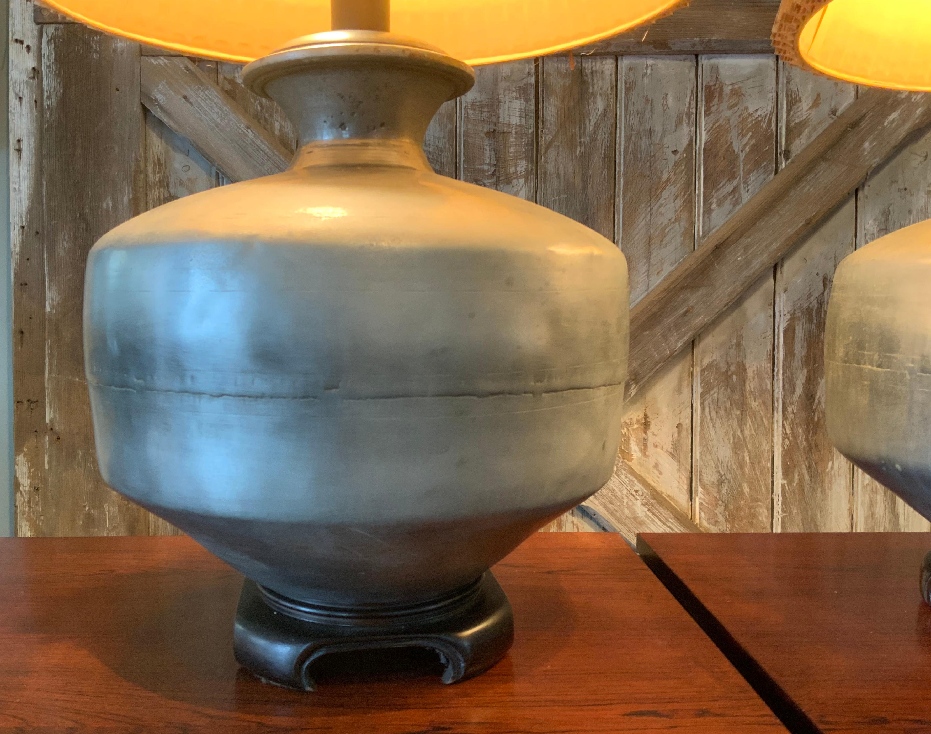 Pair of 1970's Brushed Pewter Ming Jar Lamps at 1stDibs