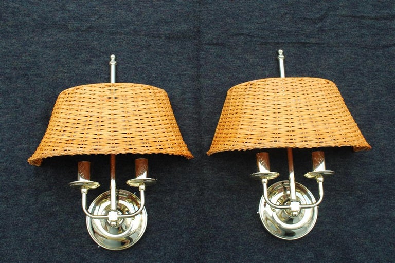 Pair of 1970s Italian Wall Lamps in Gold Gilded Metal and Bamboo Vivai ...