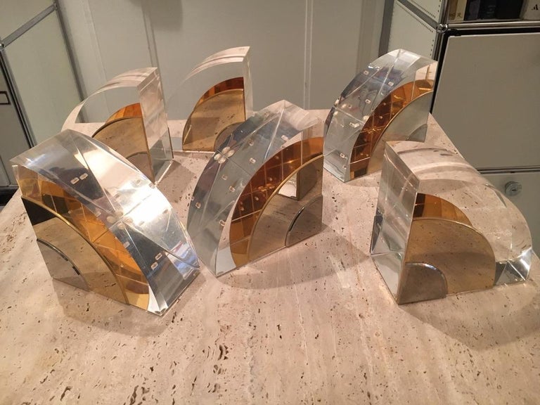 Pair of 1970s Lucite and Brass Bookends For Sale at 1stDibs