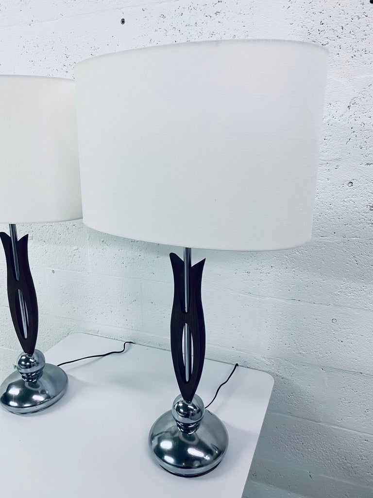 Pair of 1970s Nova Chrome and Walnut Wood Lamps with New Cotton Linen ...