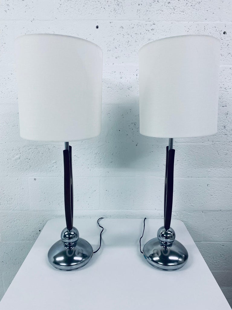 Pair of 1970s Nova Chrome and Walnut Wood Lamps with New Cotton Linen ...