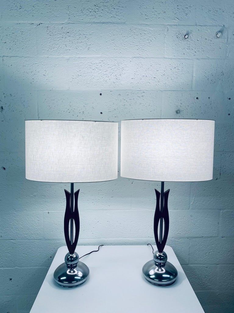 Pair of 1970s Nova Chrome and Walnut Wood Lamps with New Cotton Linen ...