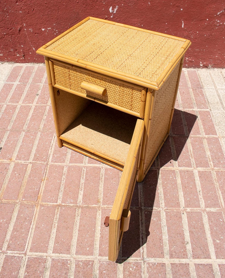 Pair of 1970s Spanish Lace Wicker and Bamboo 1-Drawer and 1-Door ...