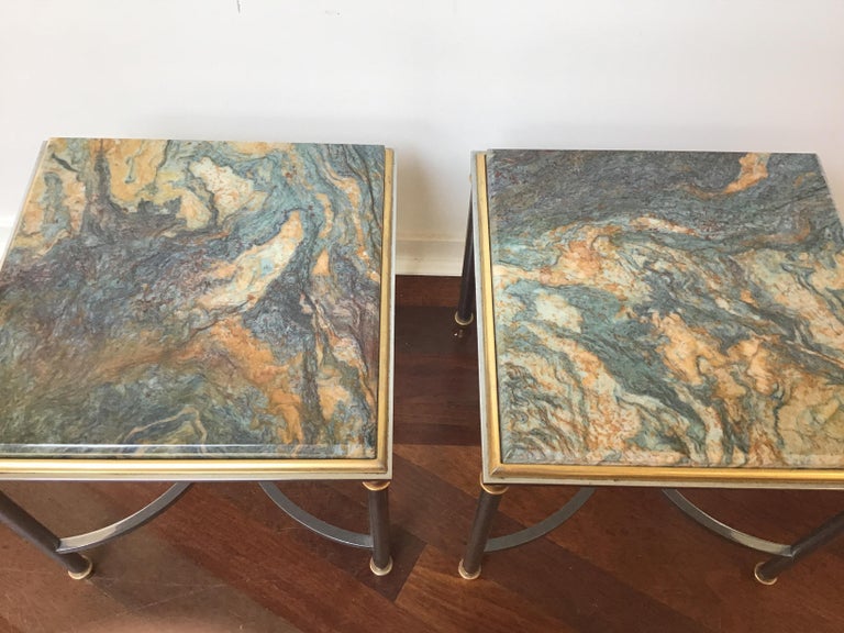 Pair of 1970s Swirled Blue Stone Top Side Tables For Sale at 1stDibs