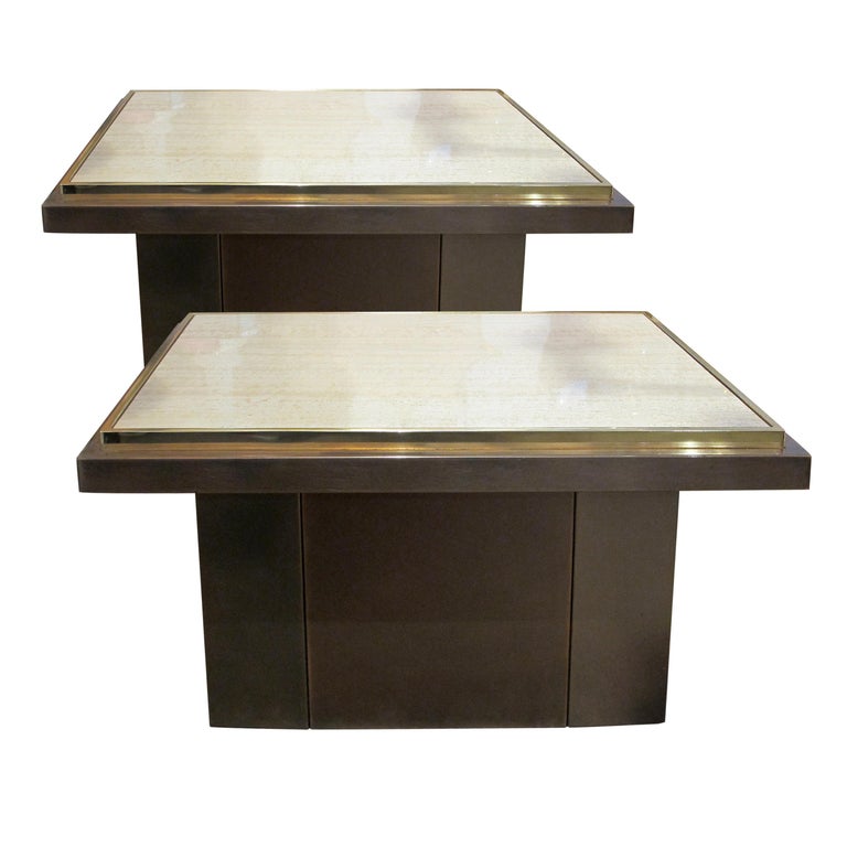 Pair of 1970s Willy Rizzo Italian Travertine Topped and Bronze Side or ...