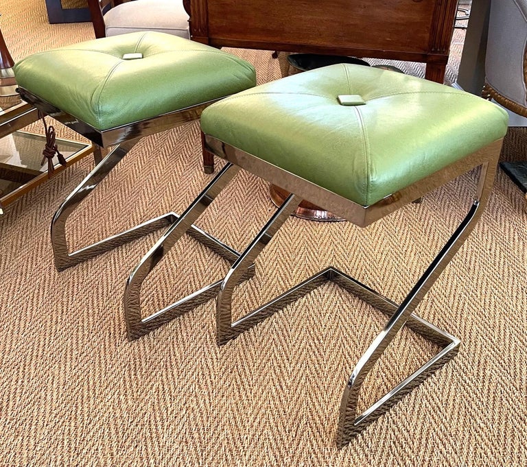 Pair of 1970's Z-Form Stools with Apple Green Leather Upholstery For ...