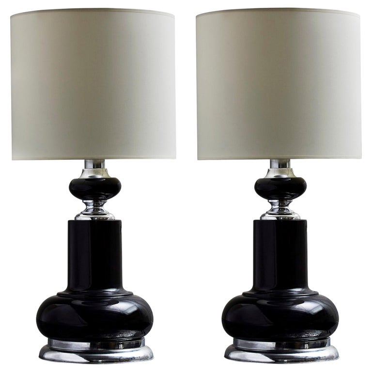 Pair of 1980s Black Table Lamps with Metallic Accents For Sale at 1stDibs