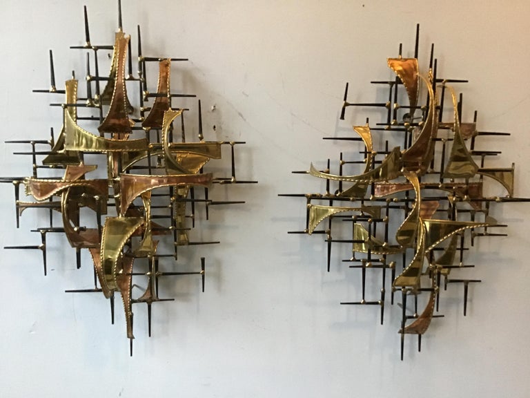 Pair of 1980s Jere Style Copper And Brass Wall Sculptures at 1stDibs