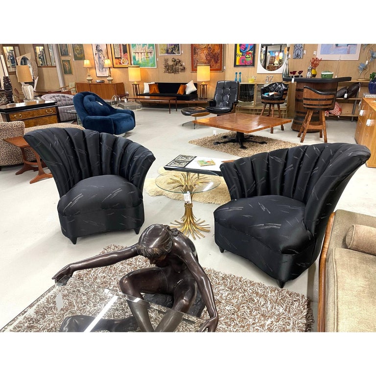 Pair of 1980s Neo-Deco Kagan Style Black Satin Scallop Fan Back Slipper ...