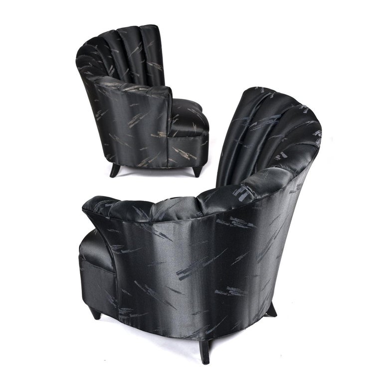 Pair of 1980s Neo-Deco Kagan Style Black Satin Scallop Fan Back Slipper ...