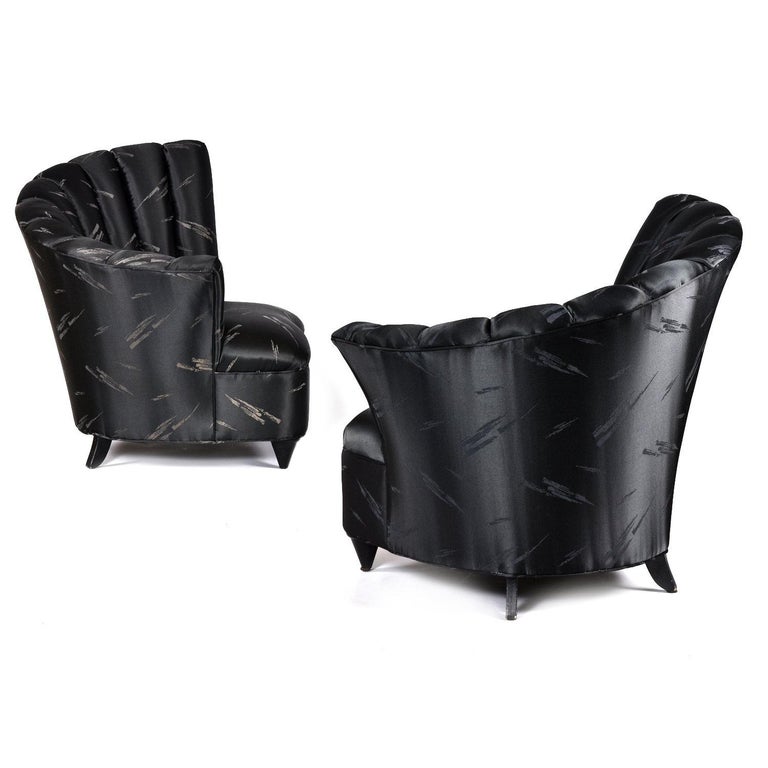 Pair of 1980s Neo-Deco Kagan Style Black Satin Scallop Fan Back Slipper ...