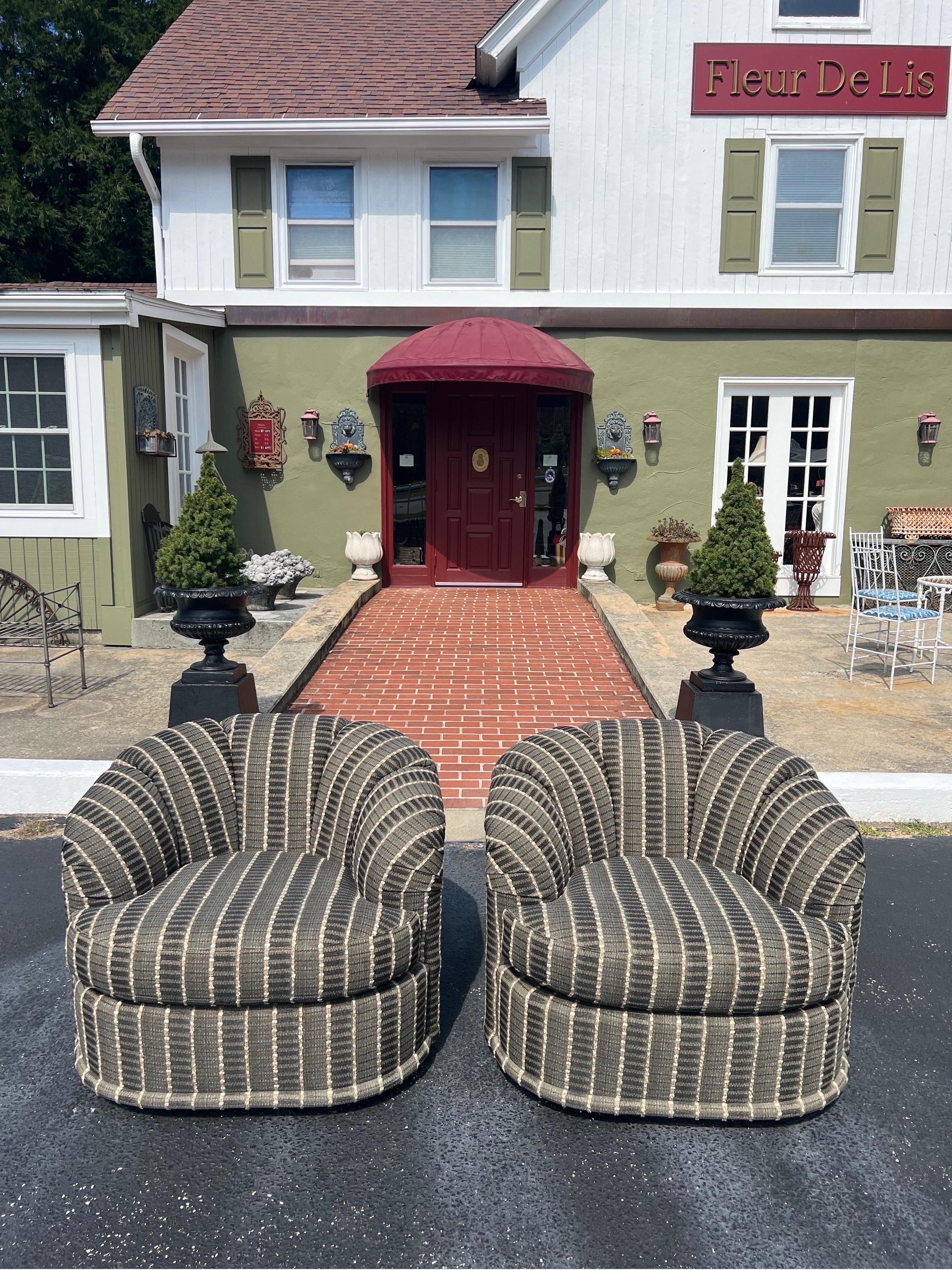 Pair of 1980's Striped Swivel Chairs For Sale at 1stDibs