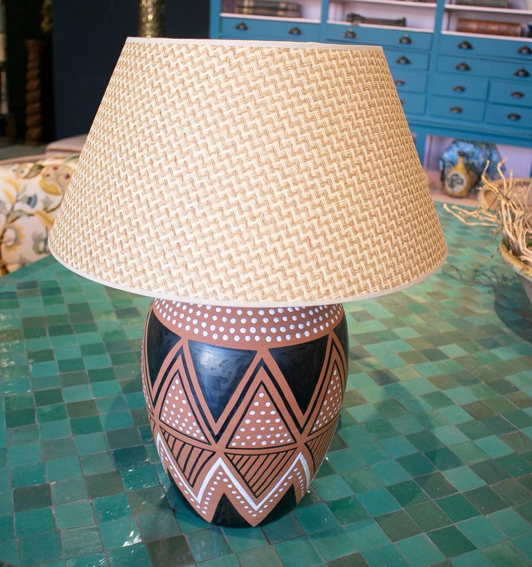 Pair of 1990s African Ceramic Table Lamps w/ Ethnic Geometric ...